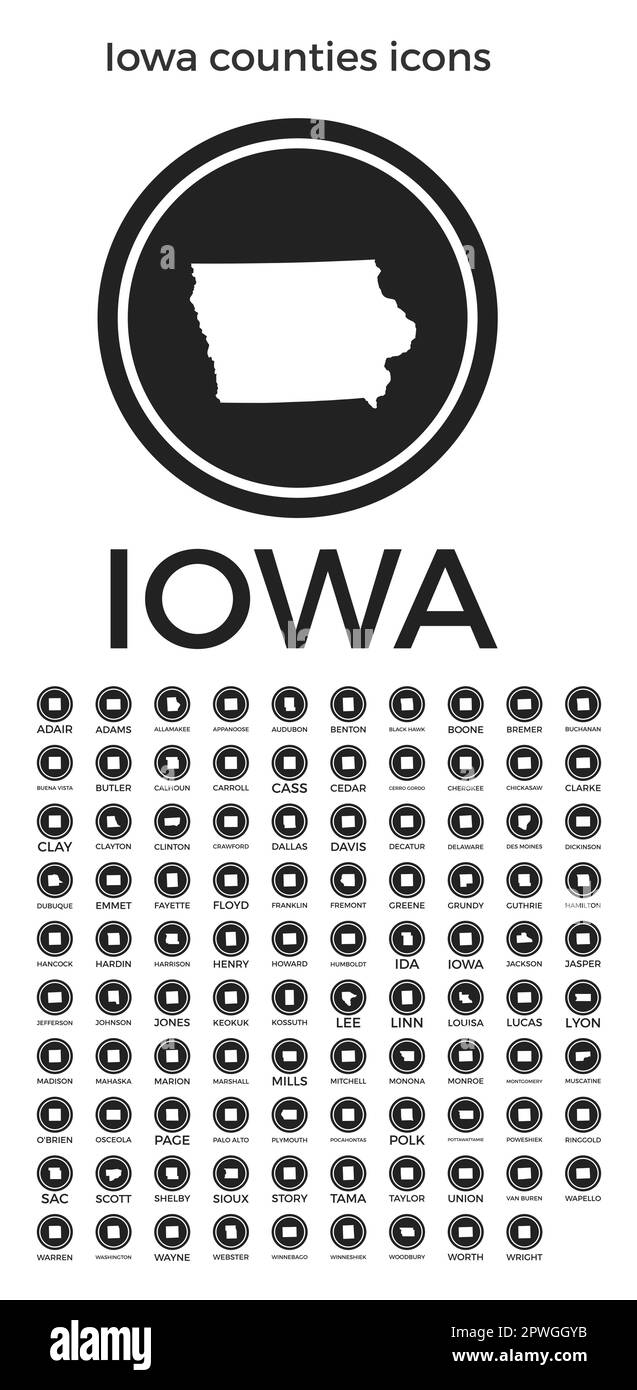 Iowa counties icons. Black round logos with us state counties maps and ...