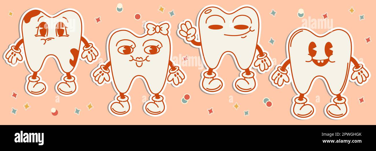 Set stickers of cartoon cute happy teeth.70, 80, retro style.Dental ...