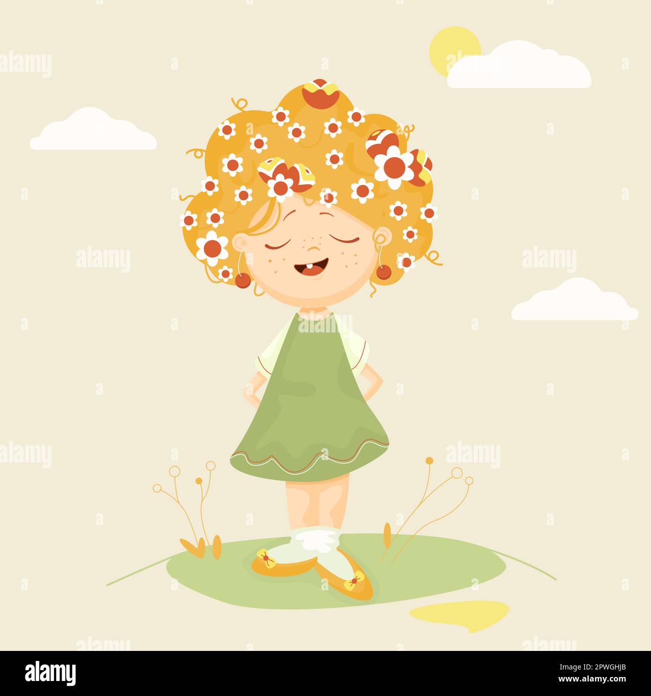 happy little girl with flowers in her hair.International Day of the ...