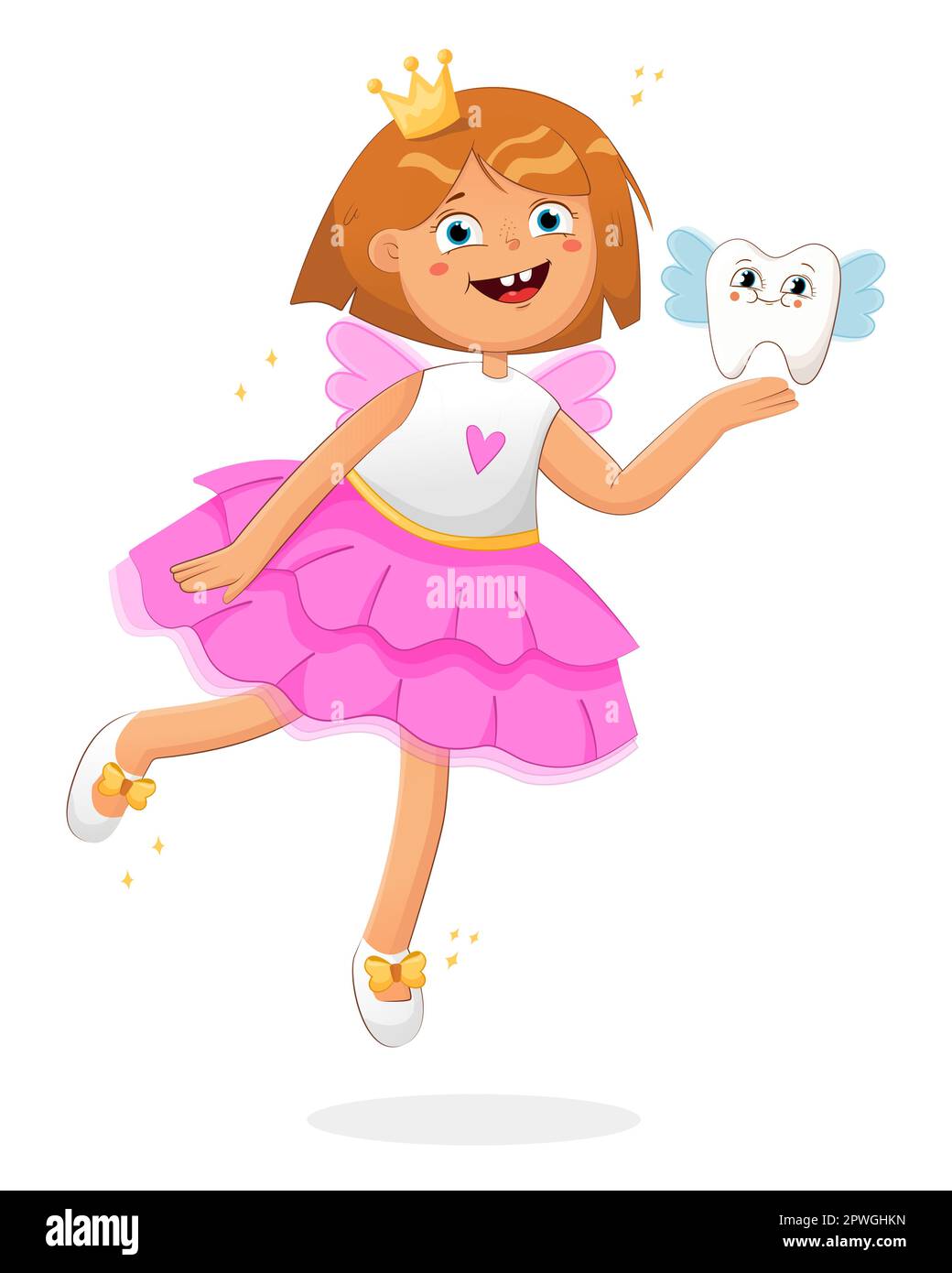 Cute little tooth fairy with crown. Cheerful tooth fairy princess ...
