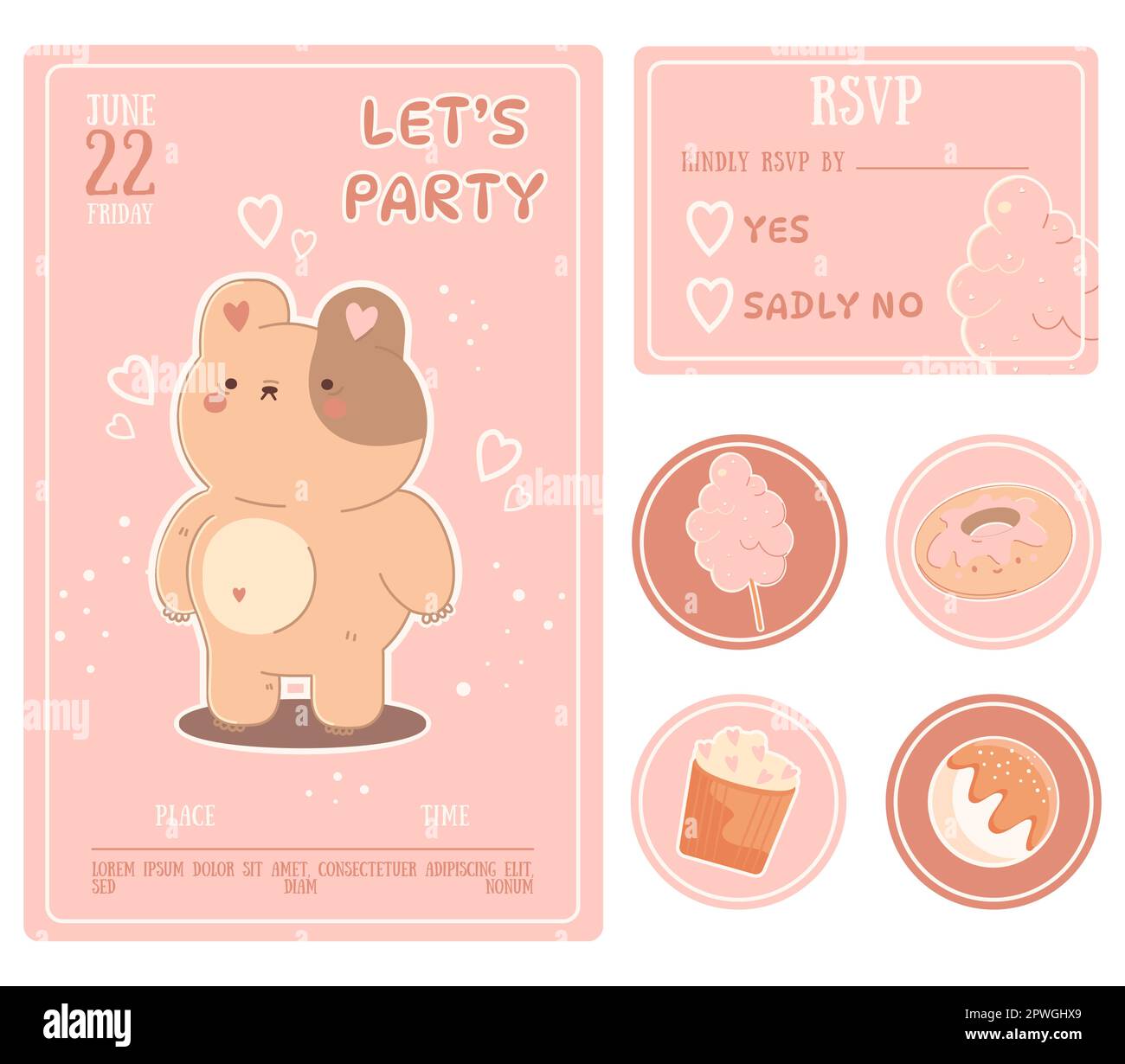 Party invitation vector template, birthday, Rsvp and stickers. Template ...