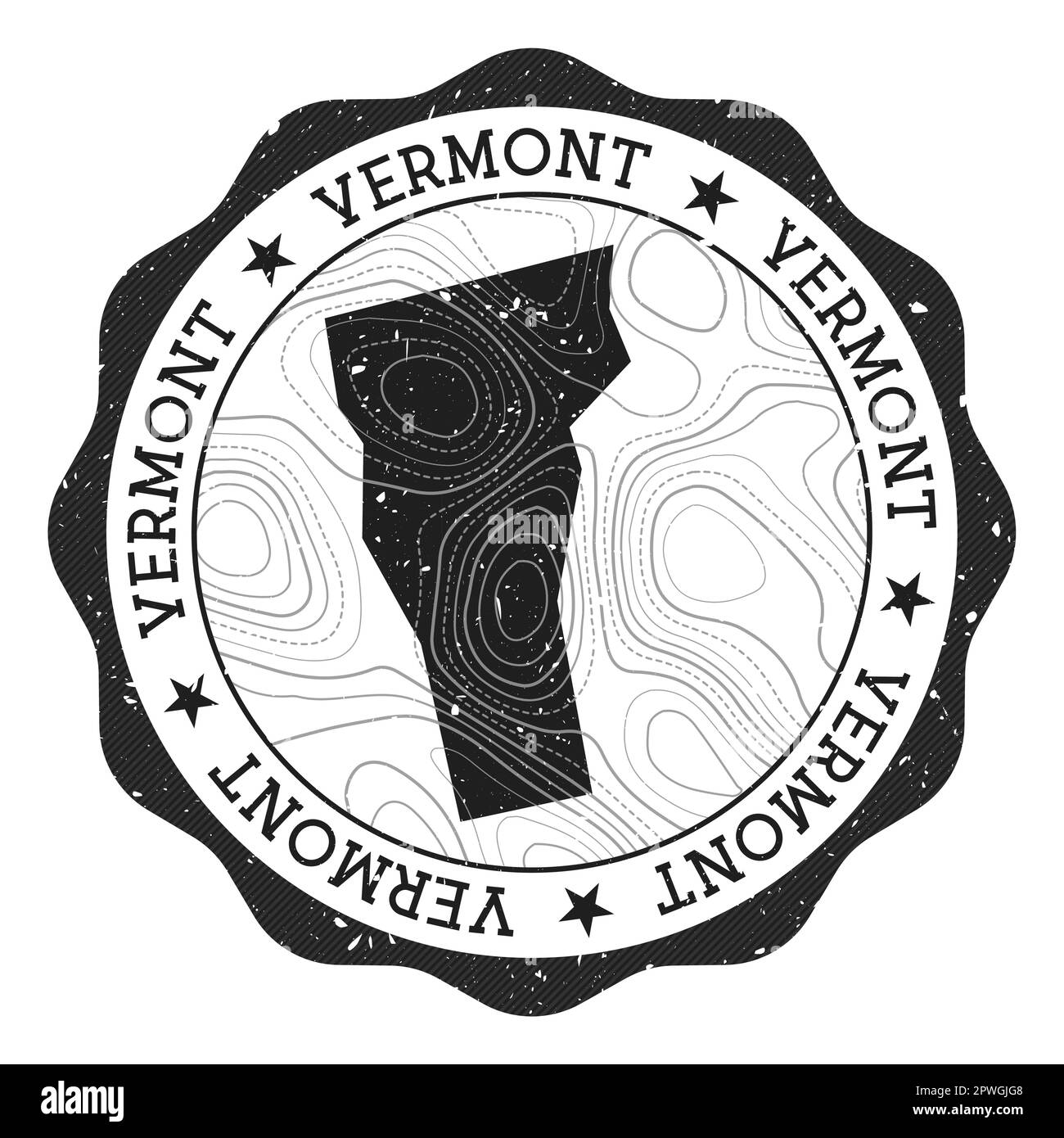 Vermont outdoor stamp. Round sticker with map of US state with ...
