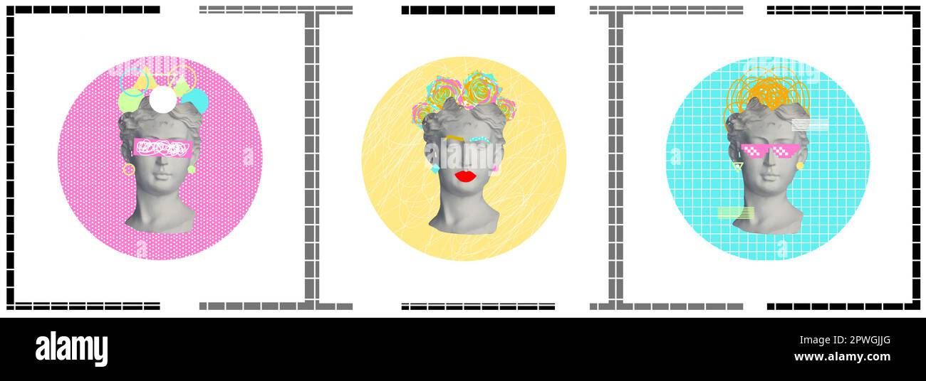 Set of paintings with abstract sculpture.bright modern face with ...