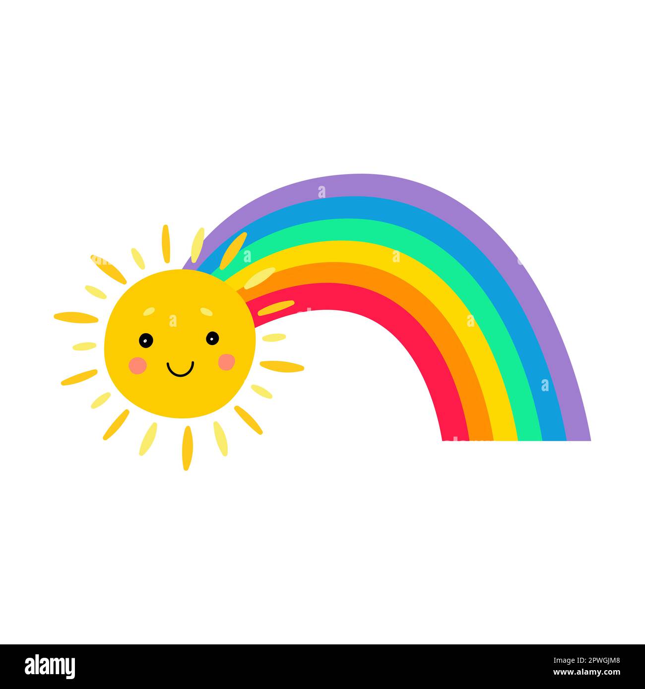 Shape of rainbow vector illustration. Cute cloud and sun cartoon character isolated on white ...
