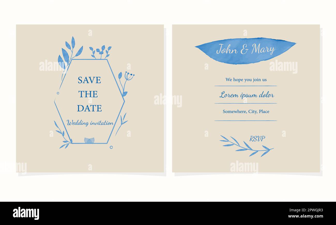 Minimalist trendy wedding invitation card design, watercolor blue line ...