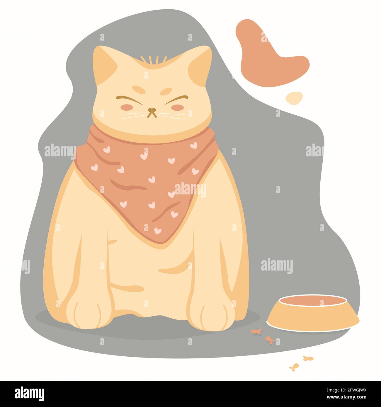 cute fat hungry cat sitting near empty bowl.Kawaii vector cartoon ...