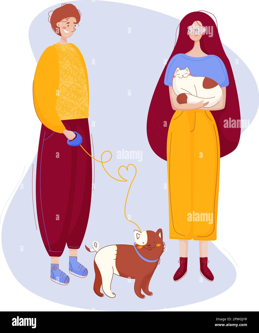 Woman holds cat, man walks dog.Happy couple with cute animals.Adopt ...