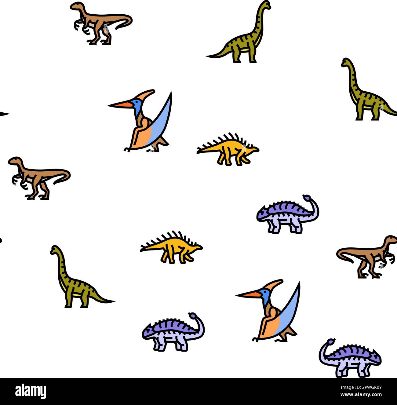 dinosaur dino animal cute vector seamless pattern thin line ...