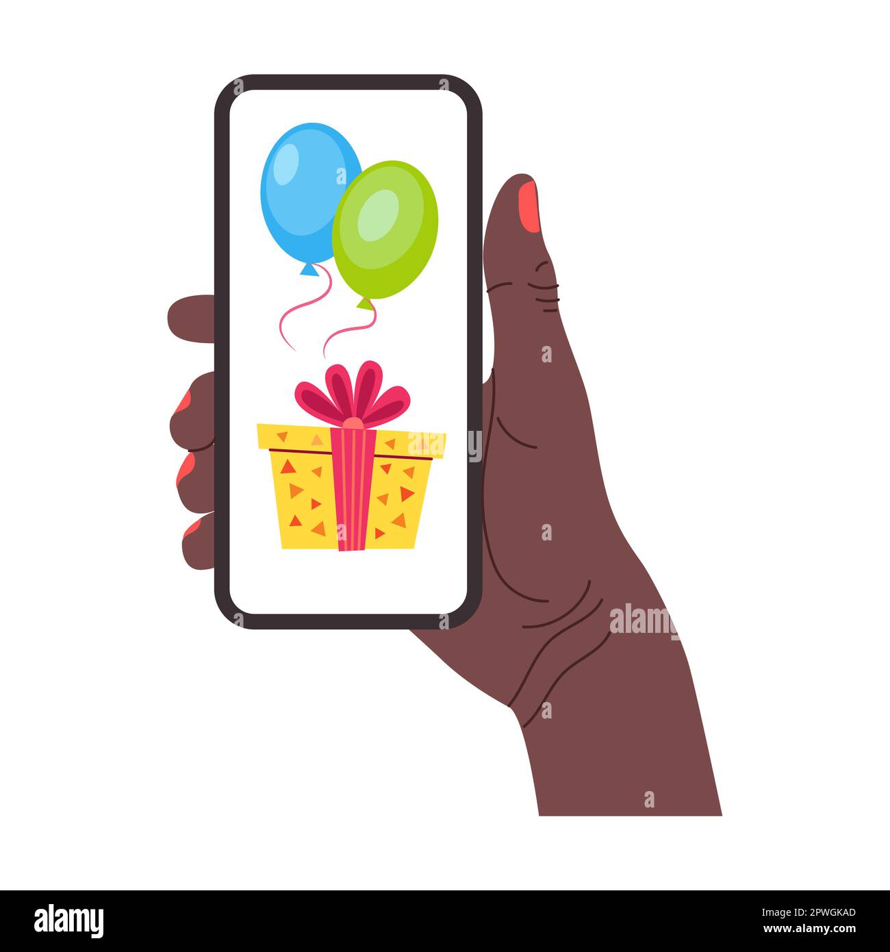 Hand holding mobile phone and gets a birthday present. Cartoon vector ...