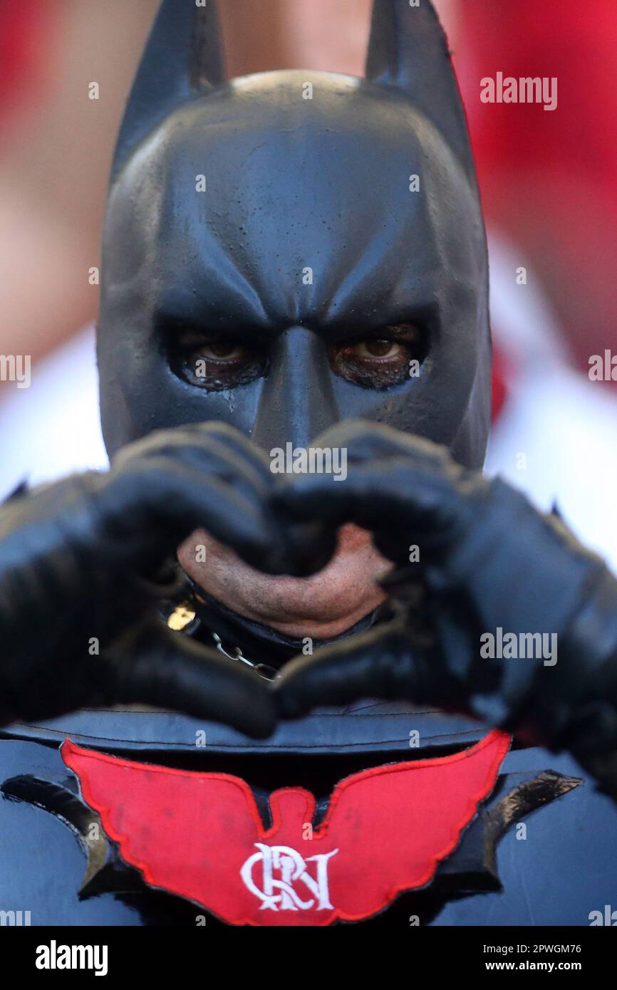 Rio De Janeiro, Brazil. 30th Apr, 2023. Maracana Stadium Flamengo fan wears Batman costume ...