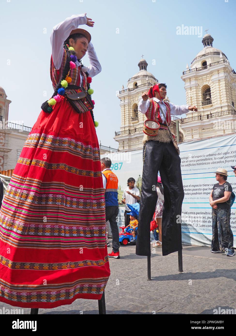 Lima, Peru. 30th Apr, 2023. Indigenous dancers on stilts performing ...