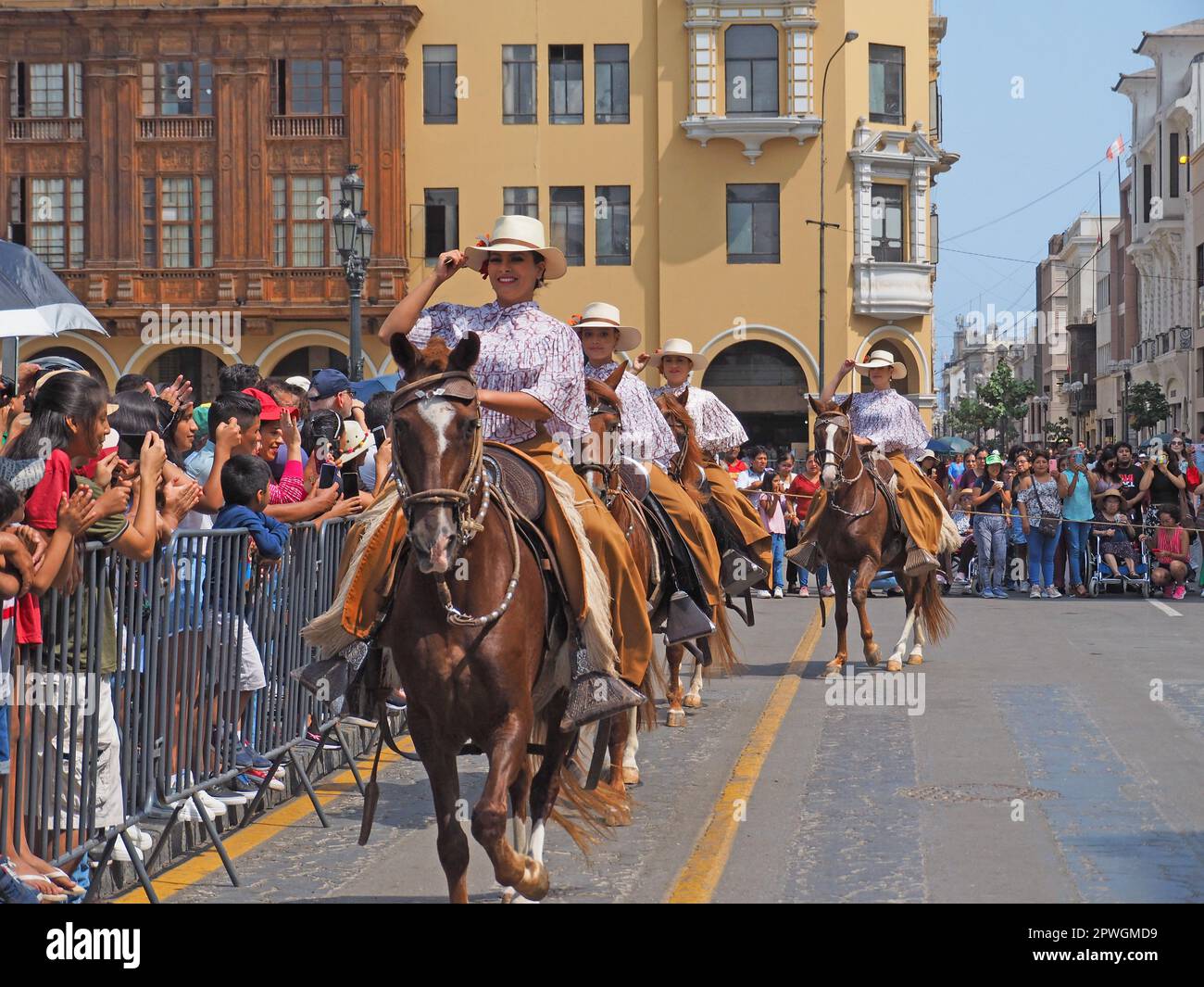 Lima, Peru. 30th Apr, 2023. Creole woman riding Peruvian Paso horses ...