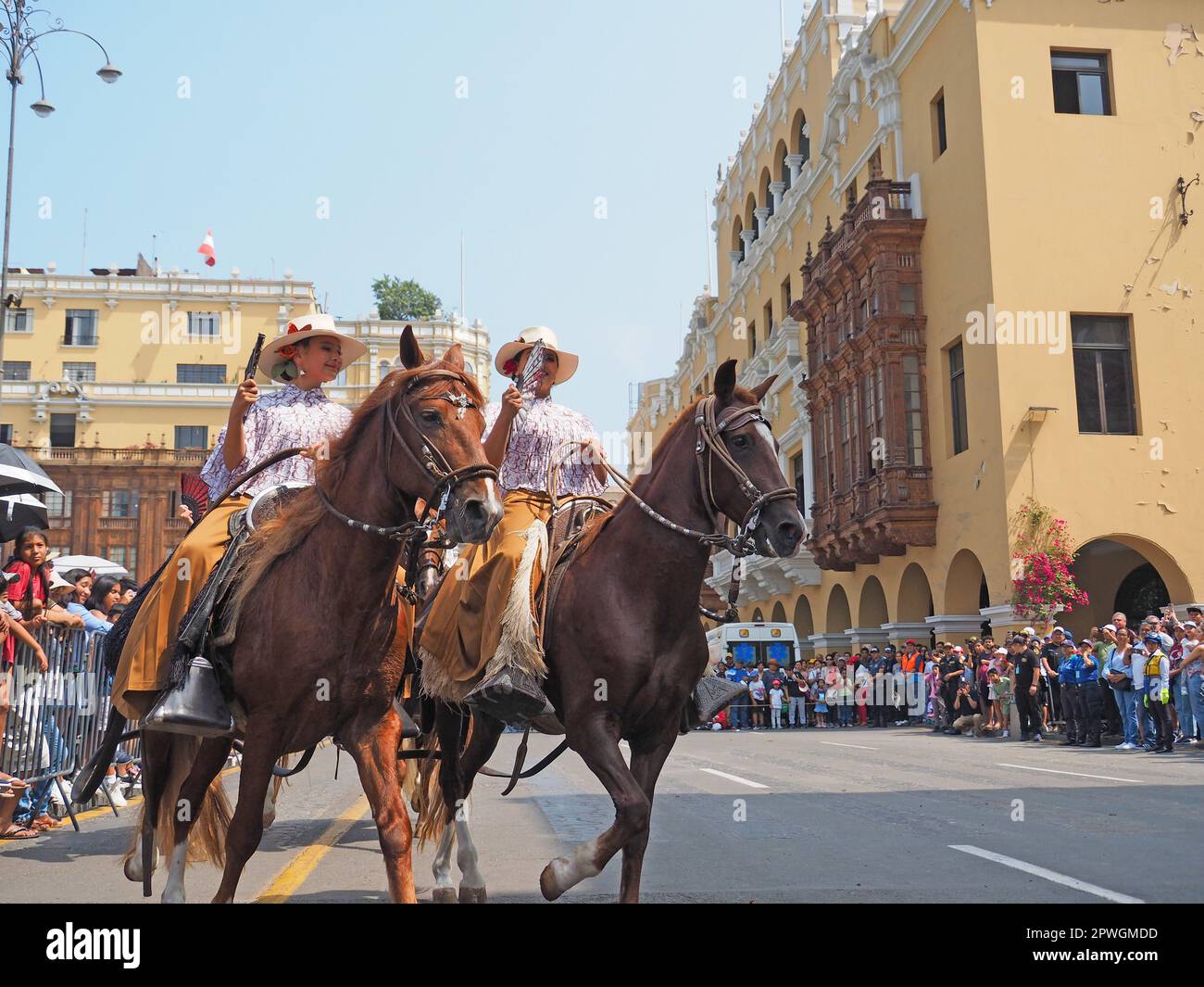 Lima, Peru. 30th Apr, 2023. Creole woman riding Peruvian Paso horses ...