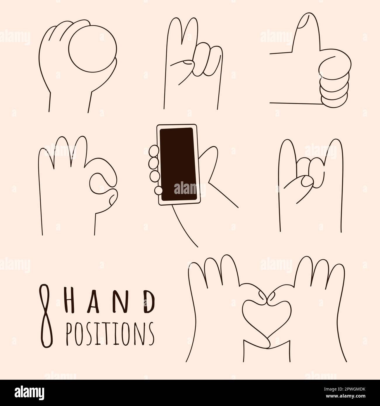 8 hand positions.Hand with phone,holds balloon,peace,horns,okey,heart ...