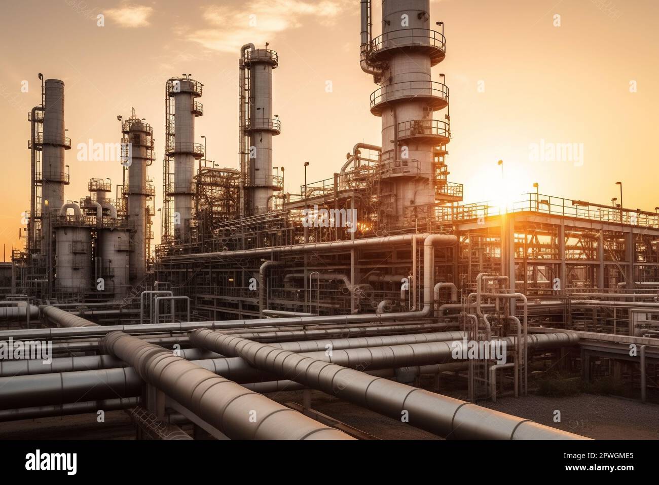 Large industrial gas pipelines in a modern refinery at sunrise Stock ...