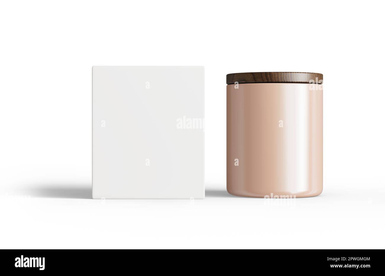 Beige ceramic candle jar with lid and box isolated on transparent background, container candle ...