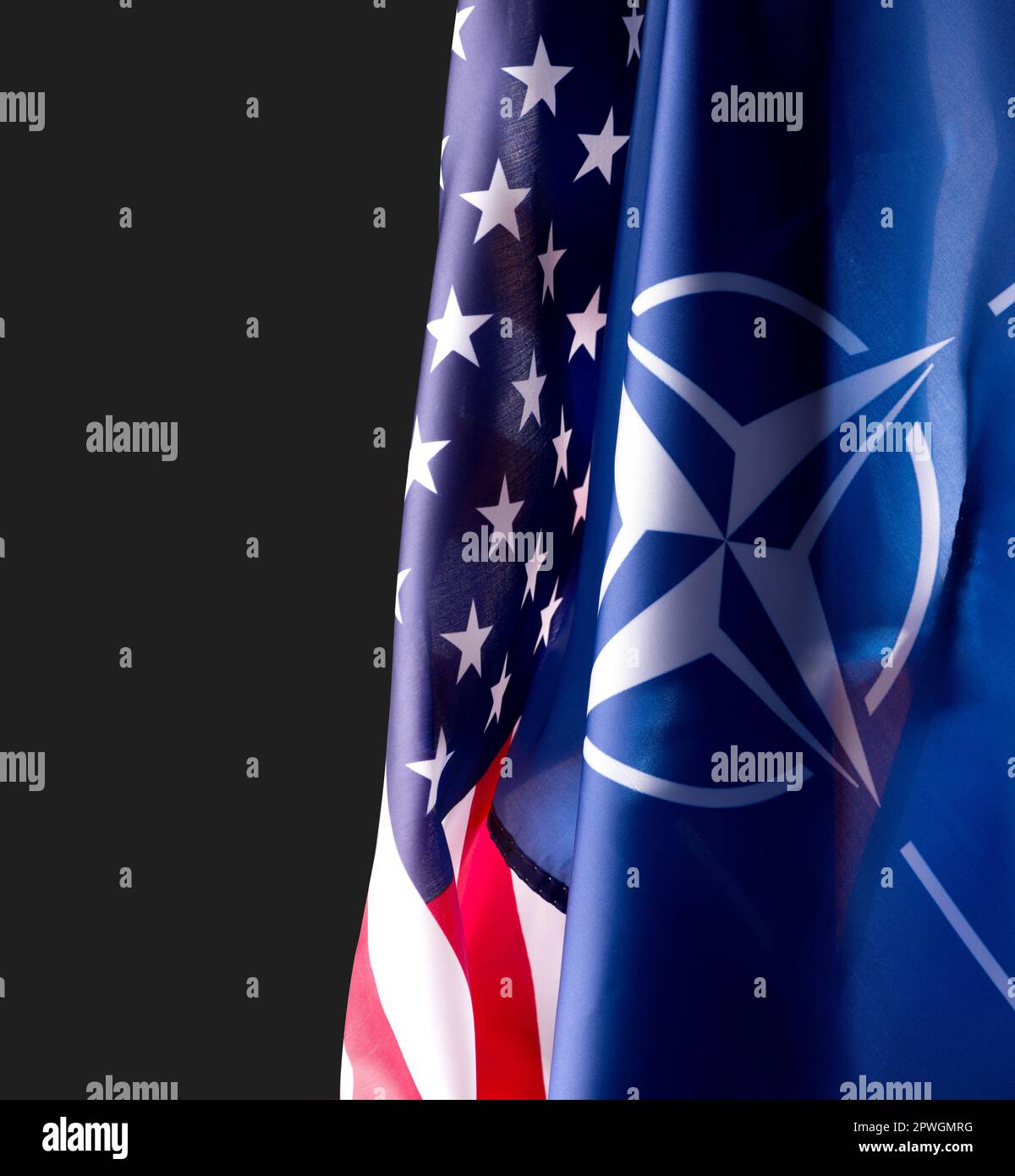 Ukraine, Kyiv - 10.04.2023. Official Flags of the US and NATO, symbols ...