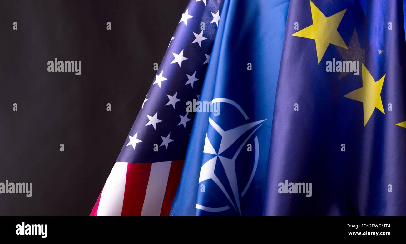 Ukraine, Kyiv - 10.04.2023 Official Flags of the US and NATO, symbols ...