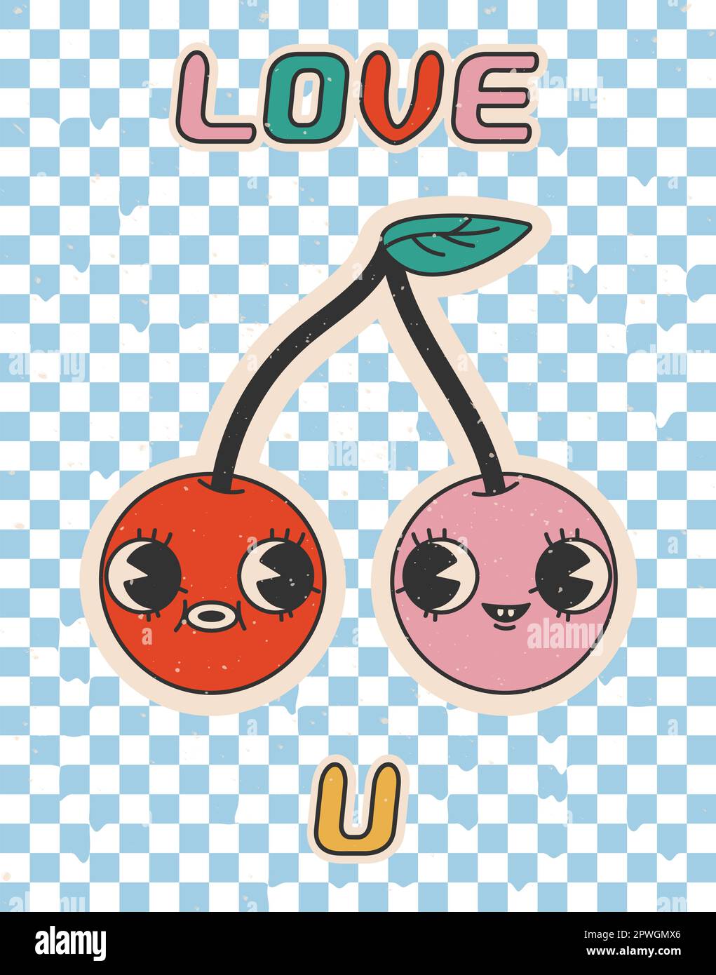 LOVE U cartoon style pink and red cherry icon. Year 2000 nostalgia. Y2k ...