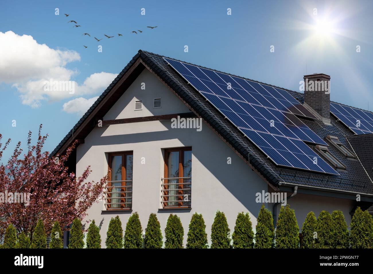 Solar panel array on the roof of a contemporary house Stock Photo - Alamy