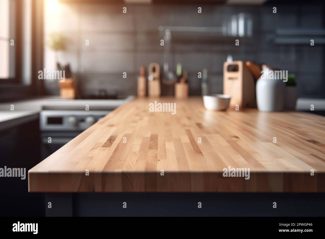 Kitchen wooden table top and kitchen blur background interior style ...