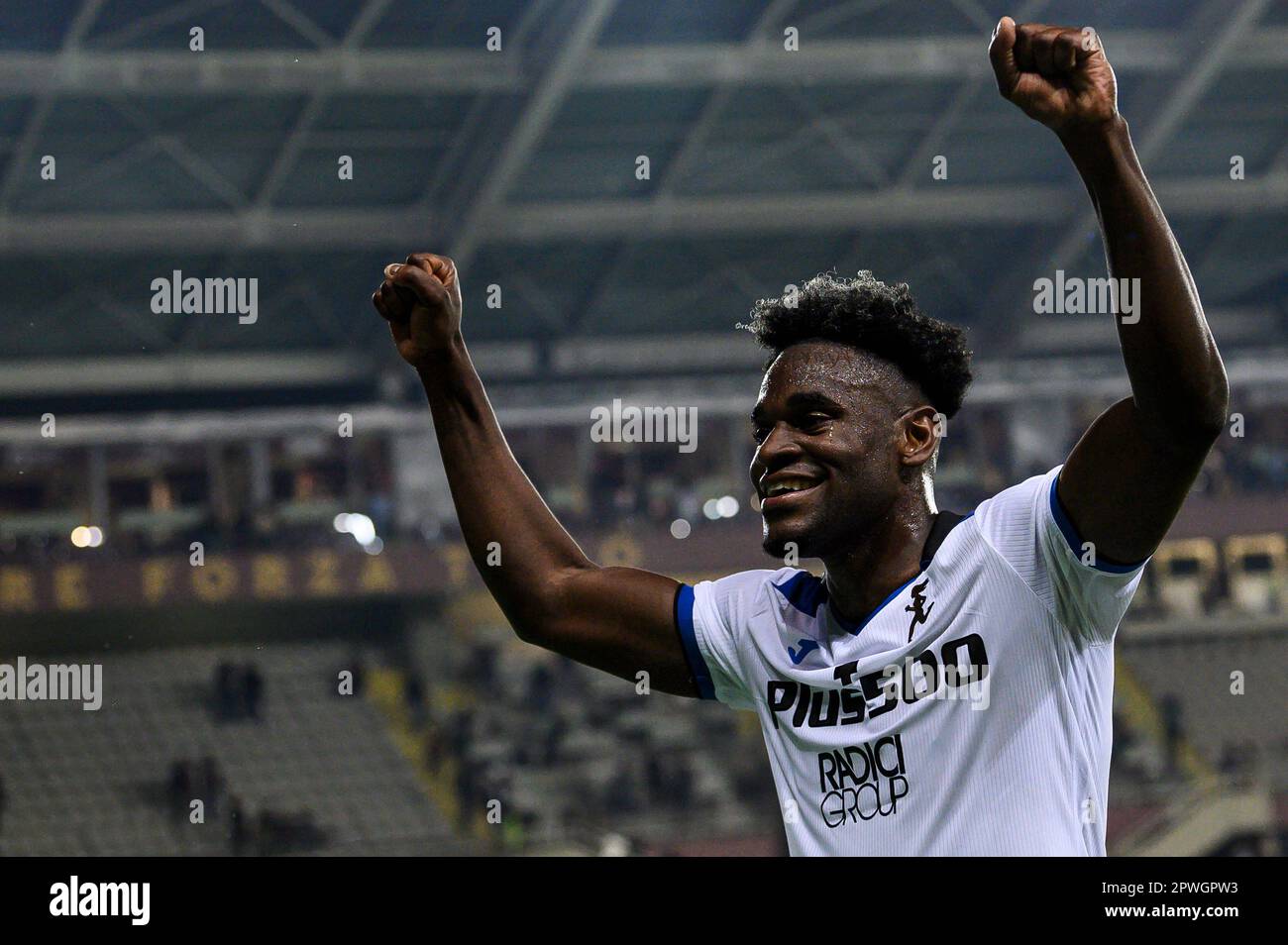 Turin, Italy. 29 April 2023. Duvan Zapata of Atalanta BC celebrates the ...