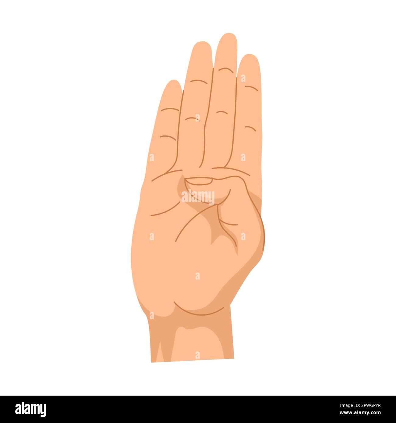 Hand gestures. Vector illustration of human palm showing number 4 signs. Cartoon peace symbol ...