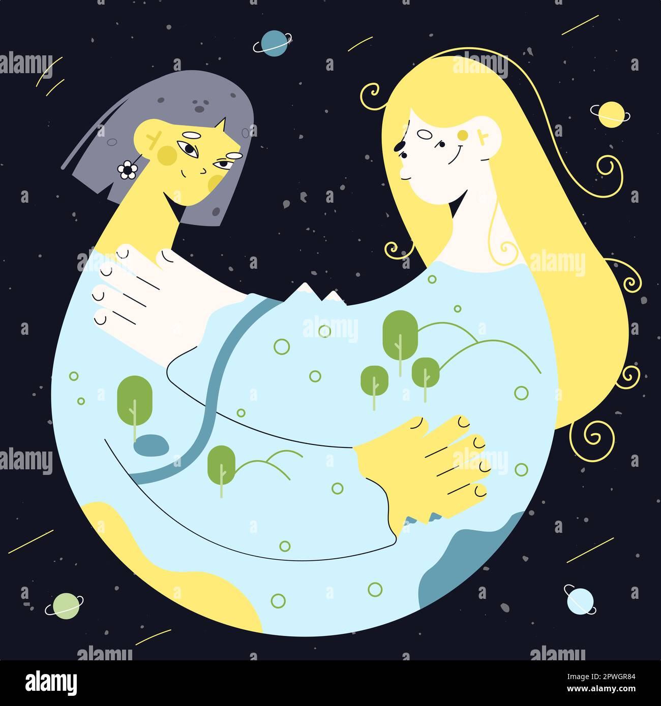 sun,moon and earth. device of the universe. girl sun and girl moon ...