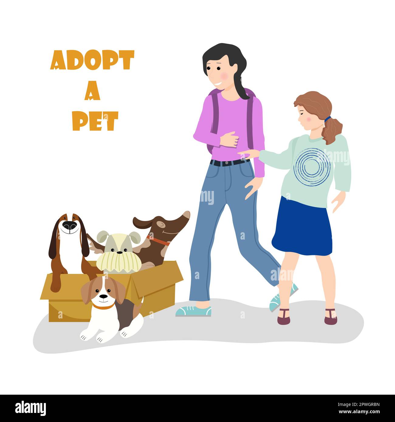 Girls choose a dog. Adopt a pet from a shelter. Vector illustration ...