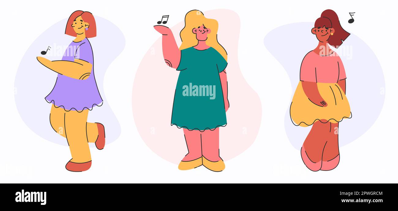 Cute girls listening music,enjoy sound vector illustration set.Cartoon ...