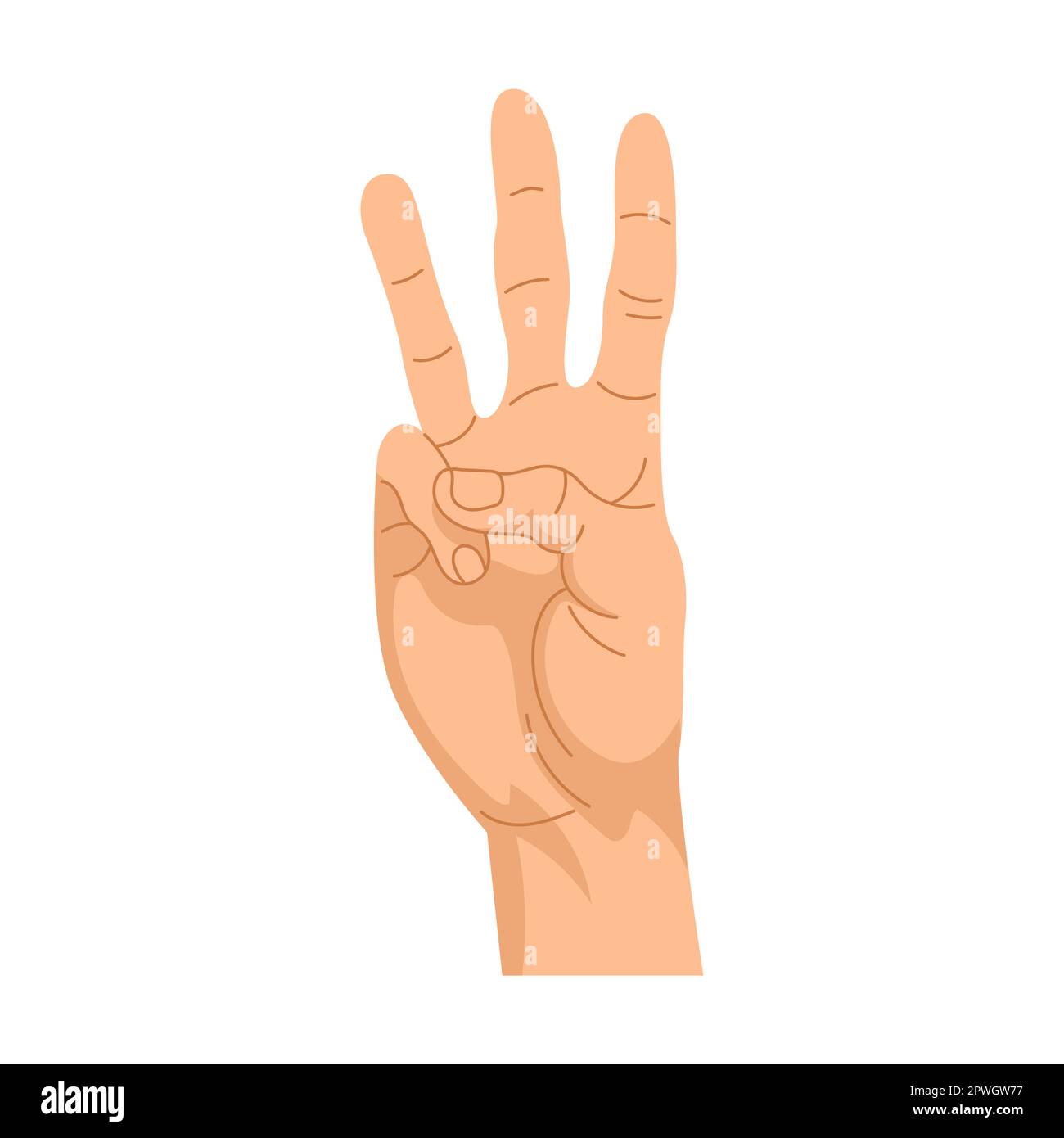 Human palm showing three finger number, gesturing signs. Cartoon symbol ...