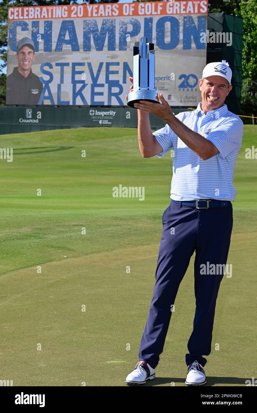 THE WOODLANDS, TX - APRIL 30: Steve Alker holds the trophy for winning ...