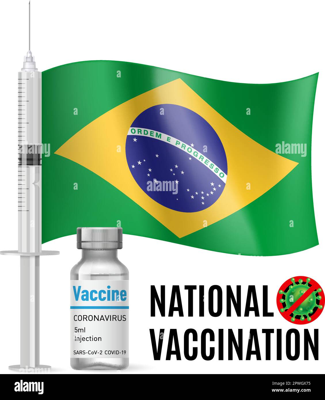 Flag of Brazil with Vaccine Immunization Syringe and the Vial of ...