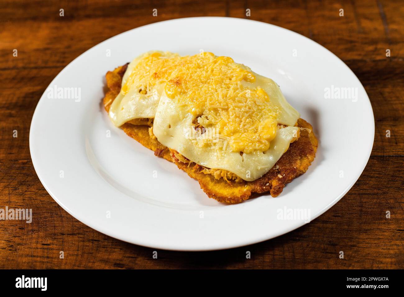 Green plantain patacon with shredded chicken and cheese - Colombian ...