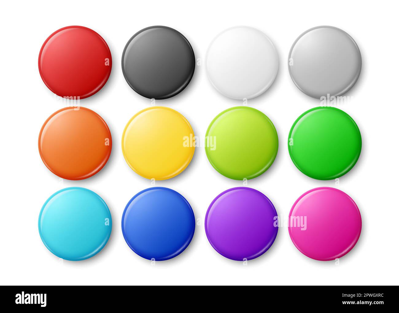 Vector 3d Realistic Round Metal Plastic Blank Empty Button Badge Icon Set Closeup Isolated