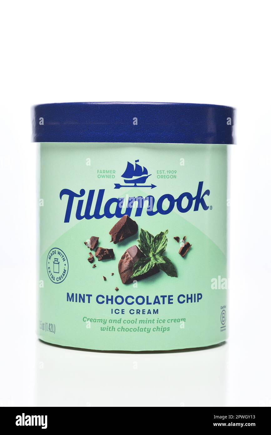 IRVINE, CALIFORNIA - 29 APR 2023: A carton of Tillamook Mint Chocolate ...