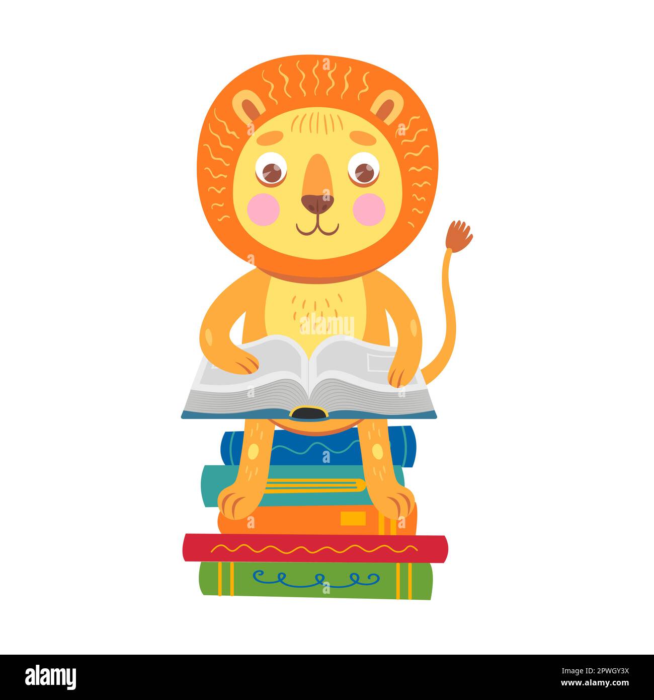 Cute animal, wise lion reading book cartoon illustration. Smart ...