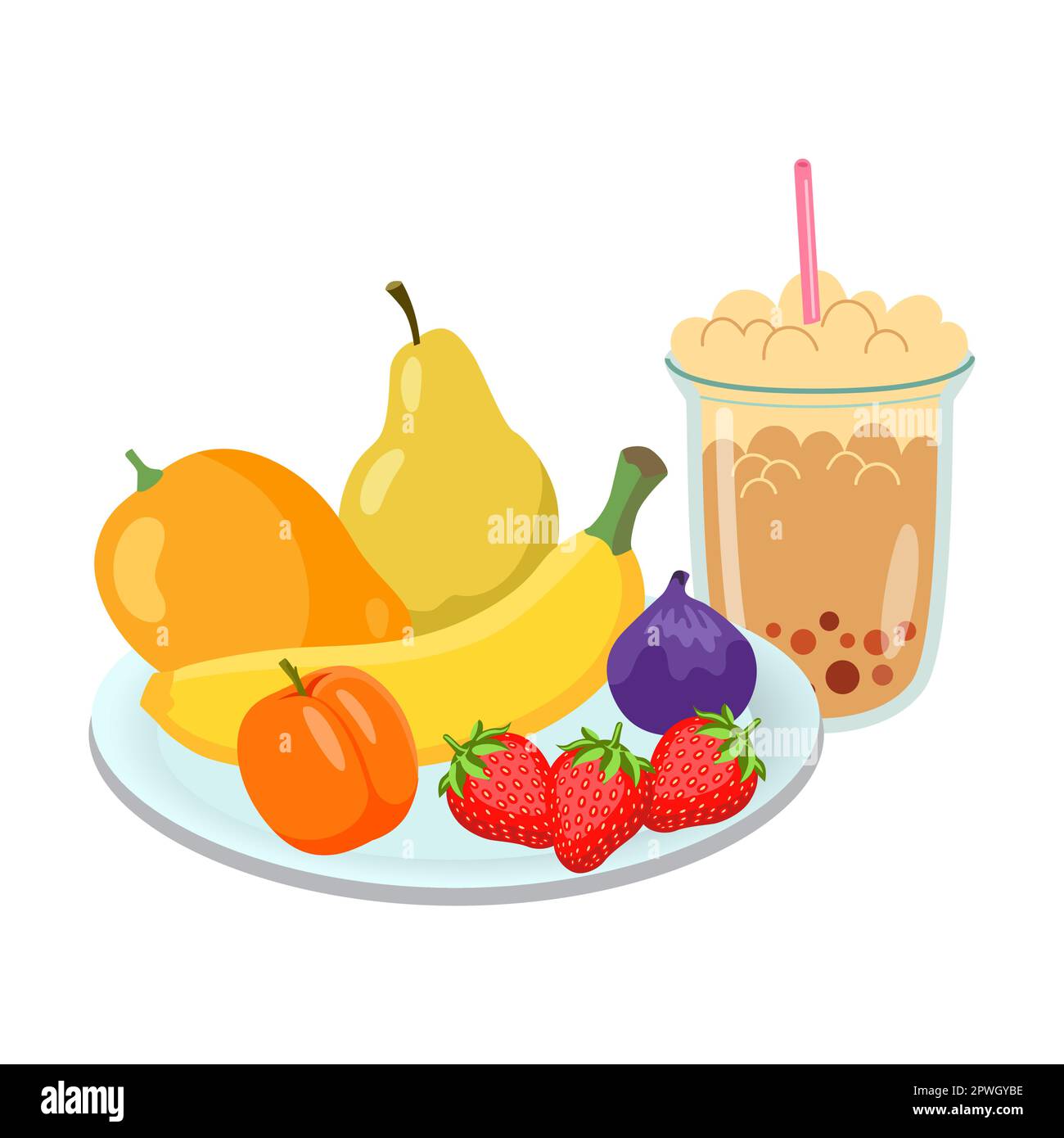 Plate with breakfast food cartoon illustration. Porridge with fruits ...
