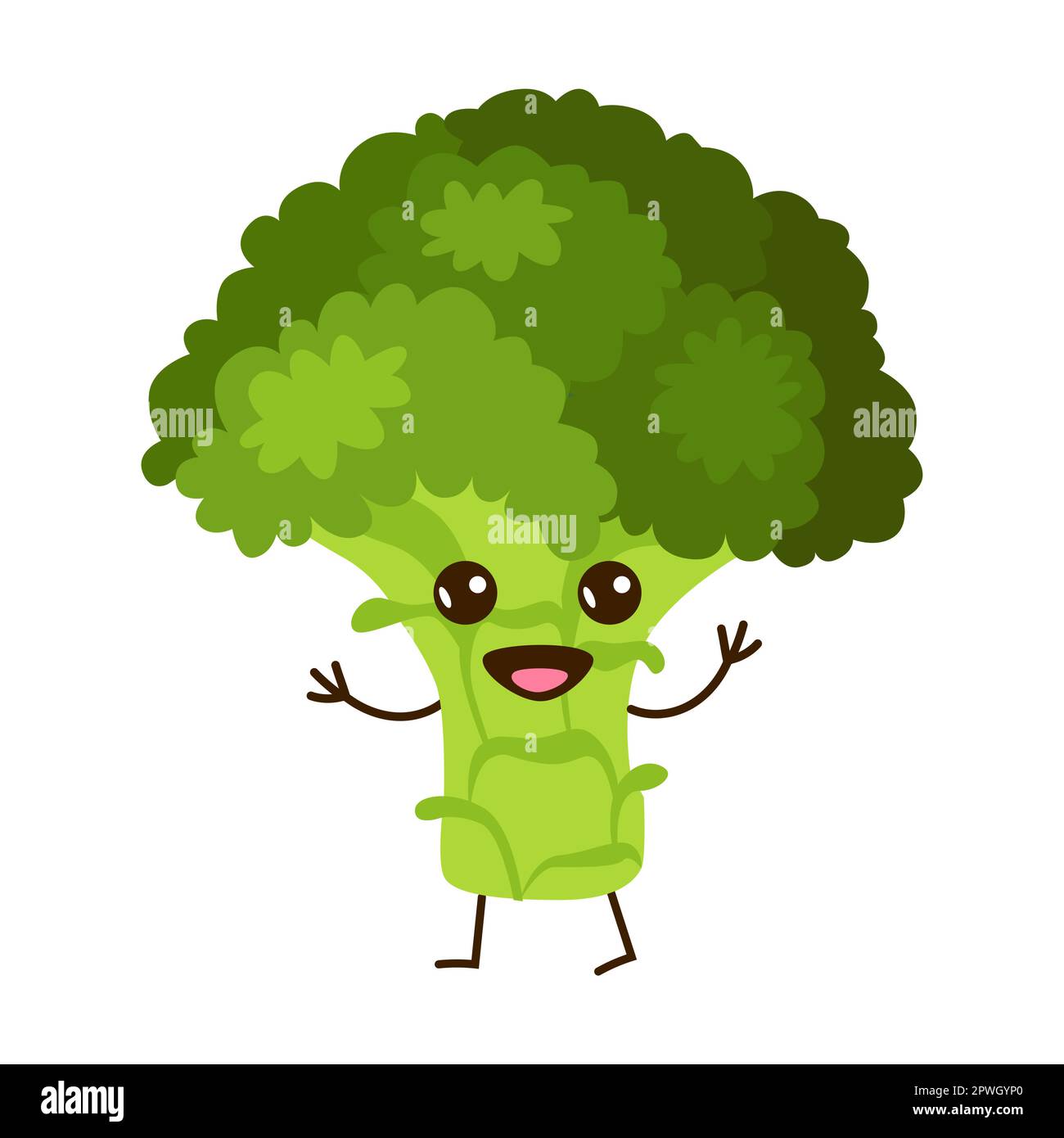 Curly broccoli, vegetable character with kawaii faces cartoon illustration. Healthy food, garden ...