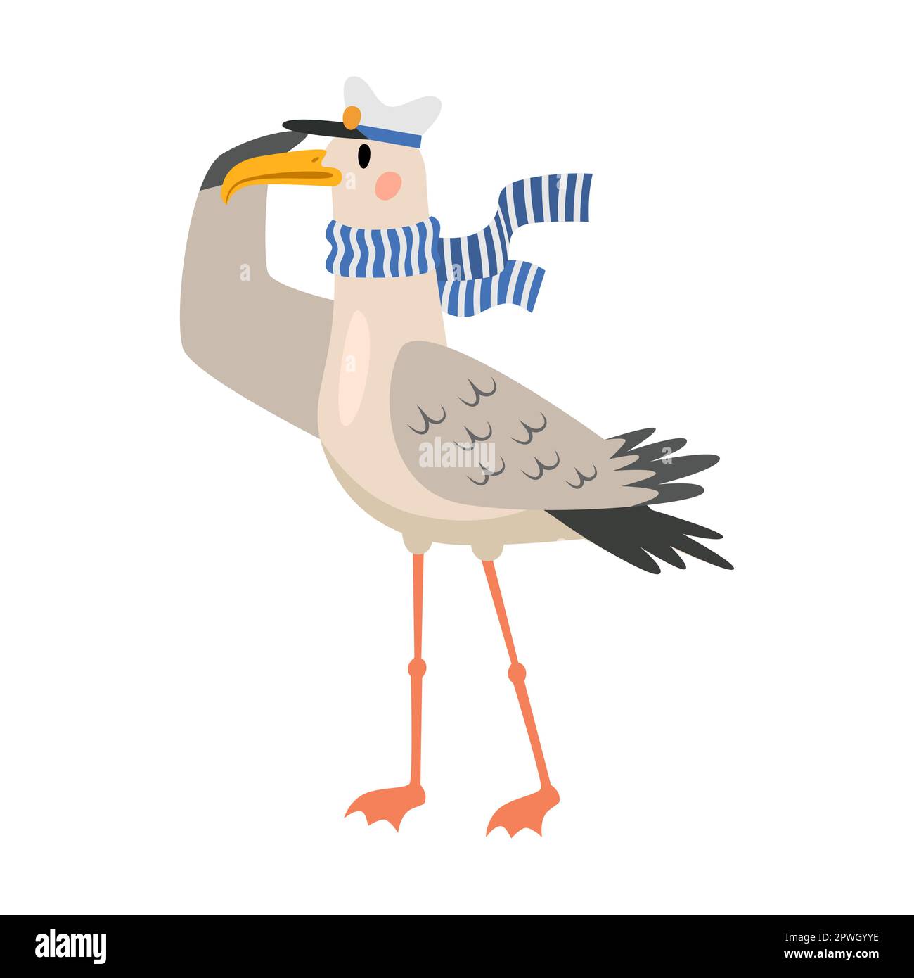 Seagull captain looking into distance cartoon illustration. Funny bird ...