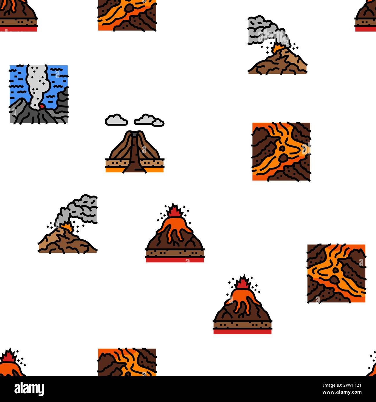 volcano lava eruption nature vector seamless pattern thin line ...