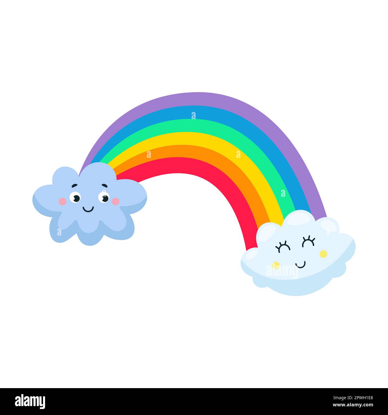Shape of rainbow with clouds at the end, vector illustration. Cute cloud and sun cartoon ...