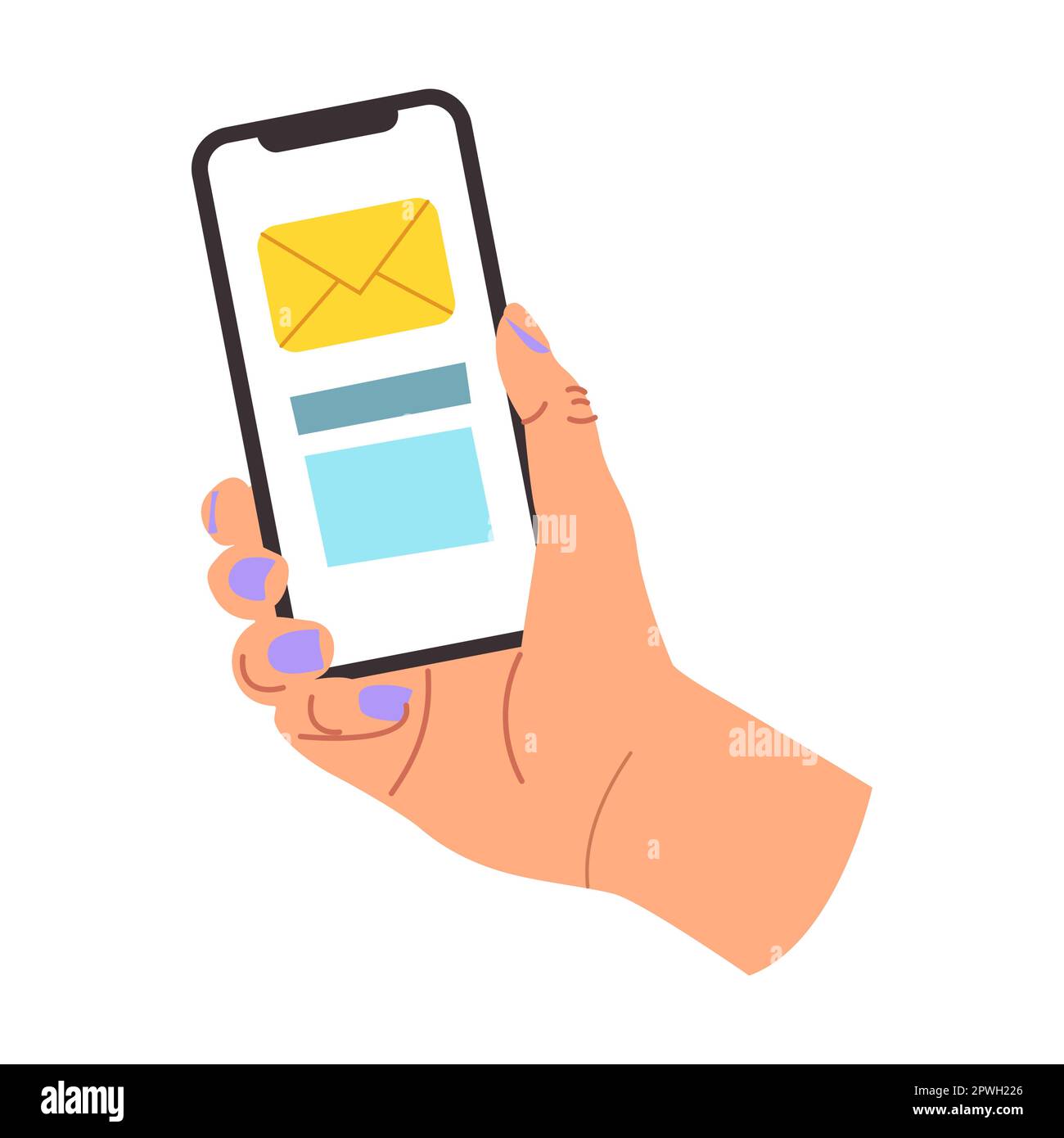 Hand holding smartphone with email. Express delivery service objects ...