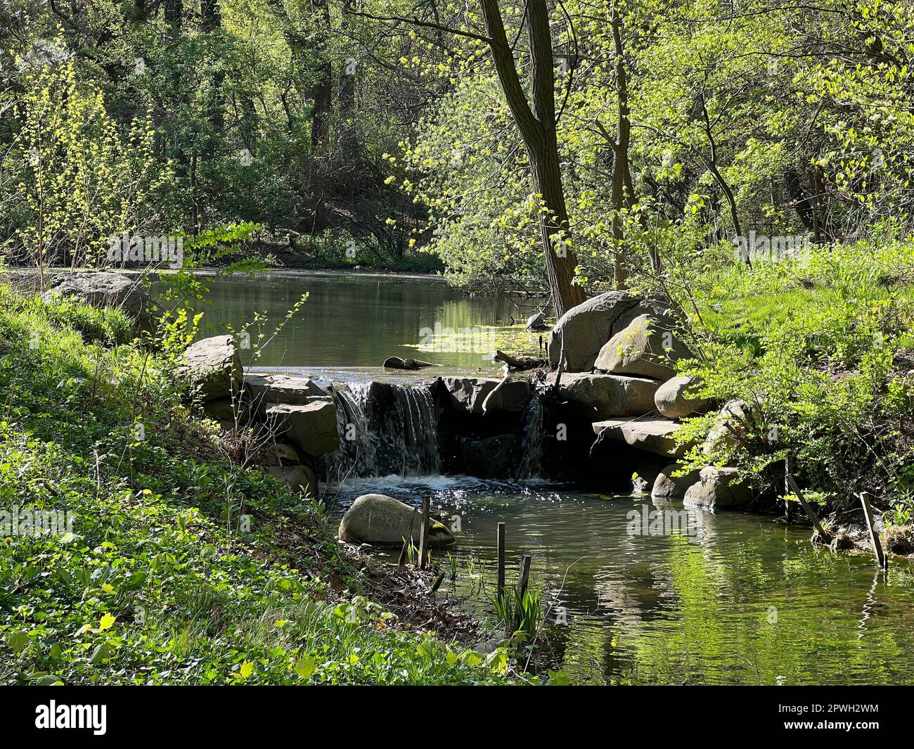 Small waterfall on the waterway in Prospect Park, Brooklyn, New York ...