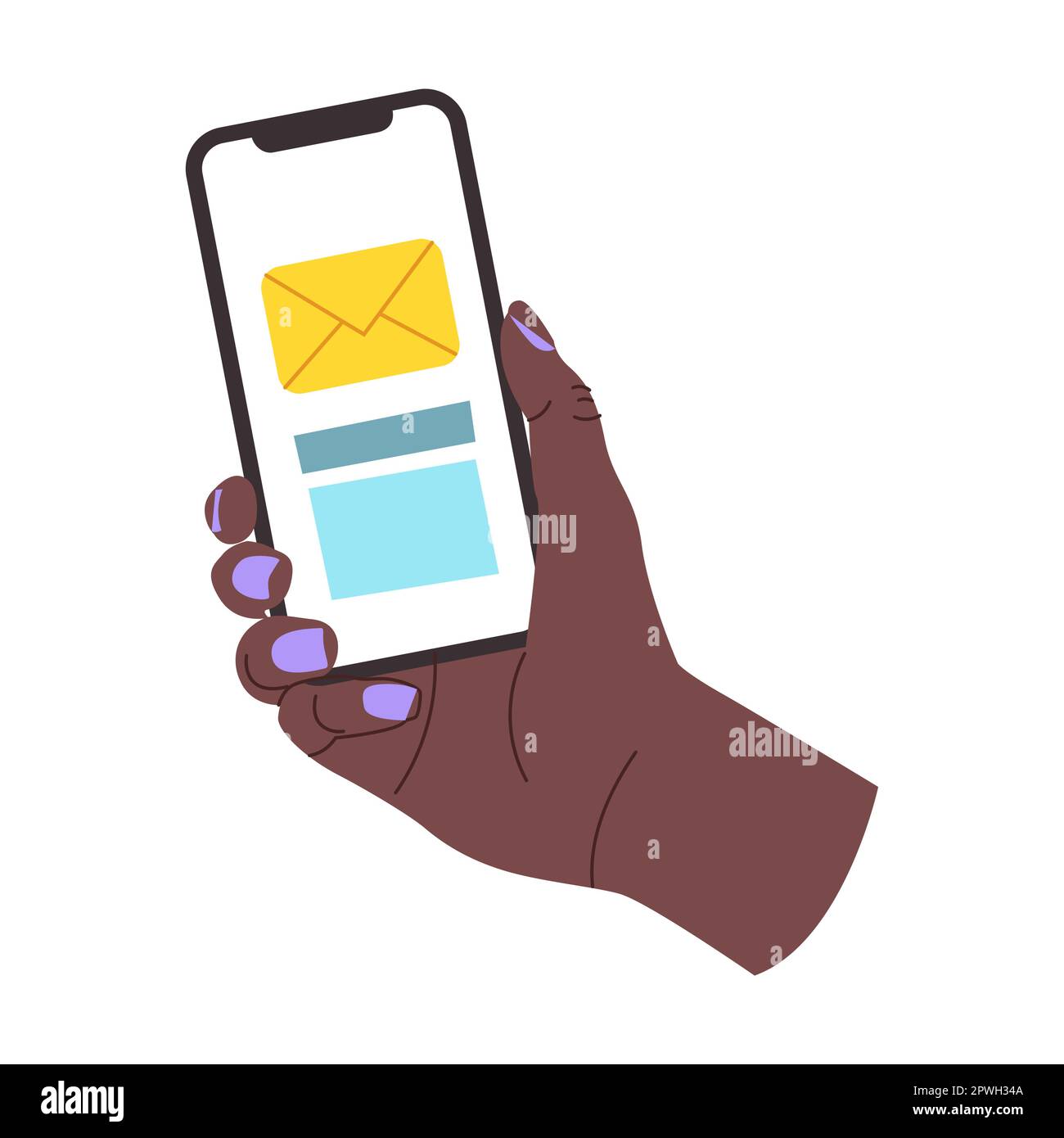 Hand holding mobile phone. Cartoon vector illustration of female and ...