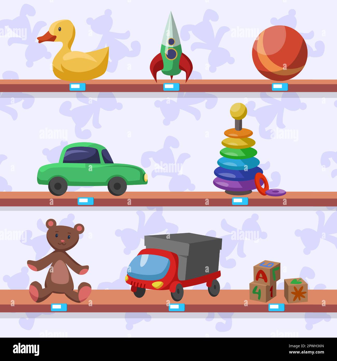 Plastic and rubber toys for kids on shelves vector illustration Stock ...