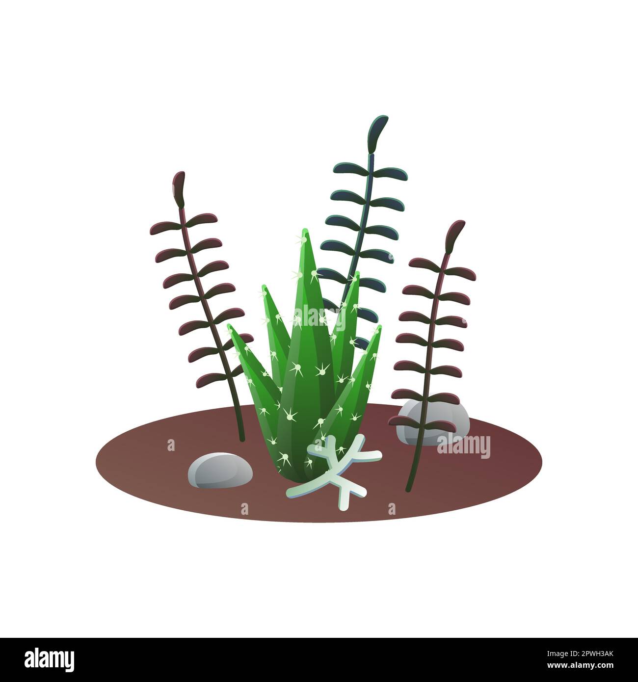 Green cactus and long succulents growing in ground of pot Stock Vector ...