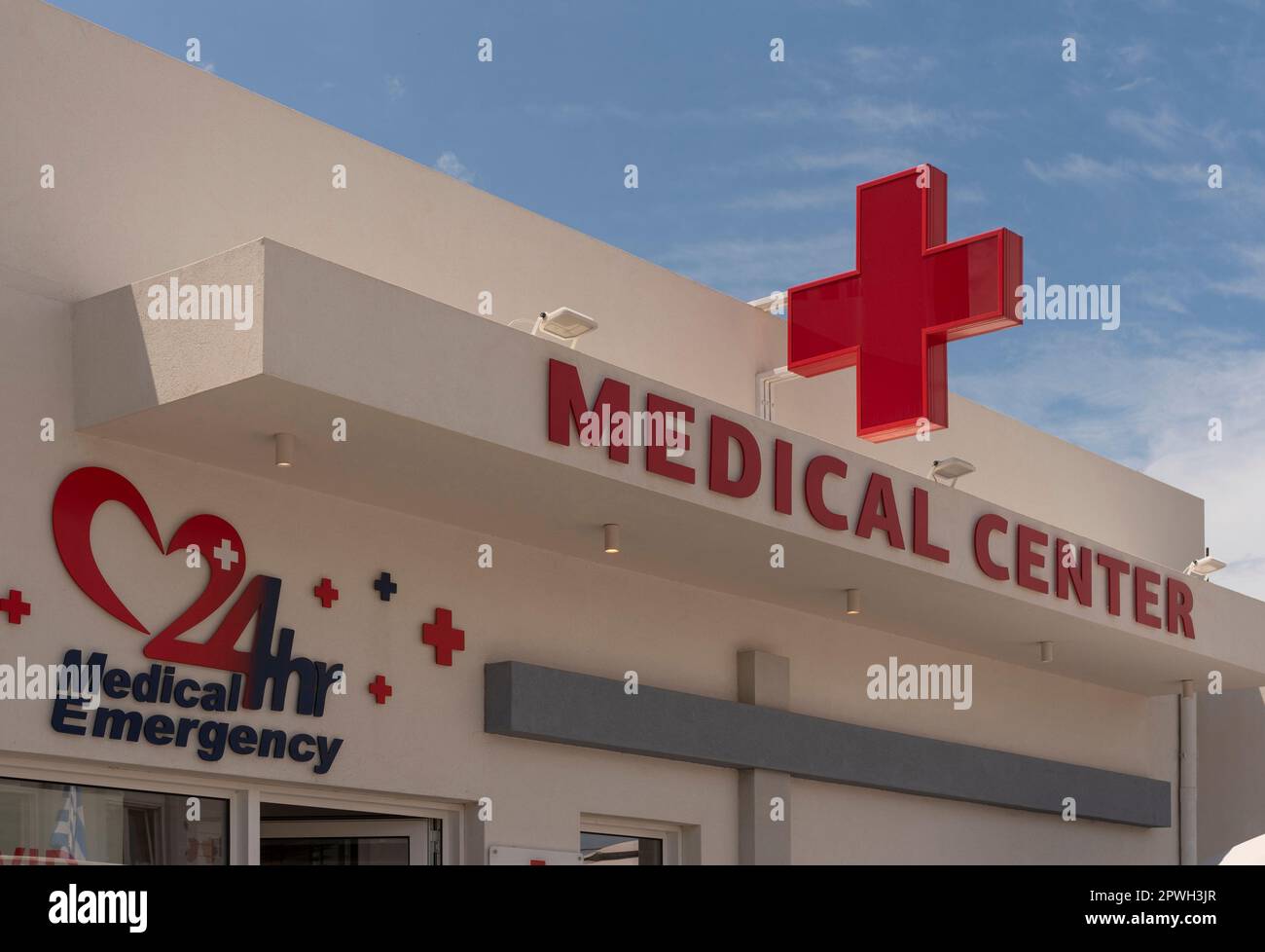 Crete, Greece, EU. 2023. Red cross on display outside a medical centre ...