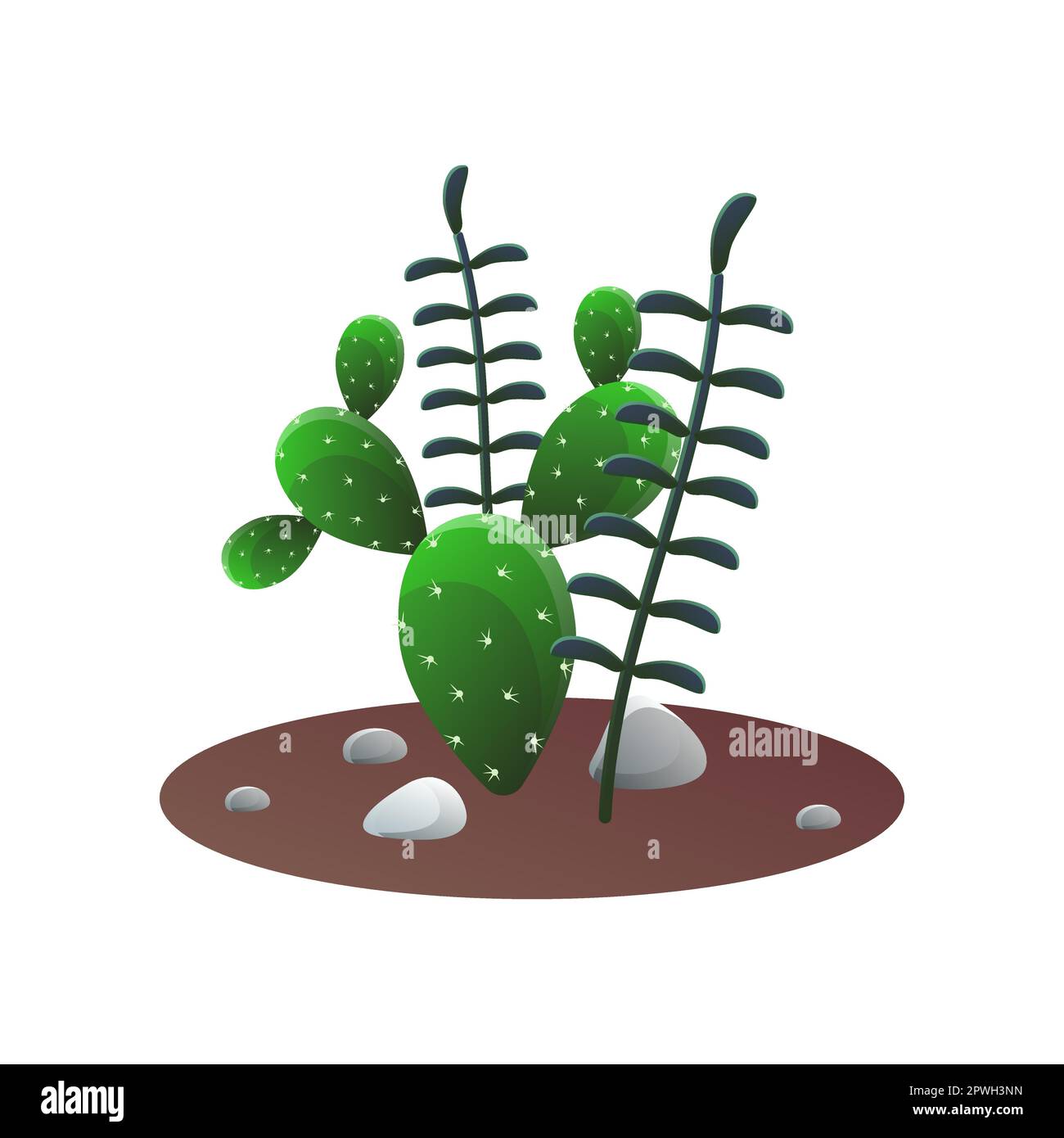 Green cactus with long succulents growing in ground of pot Stock Vector ...