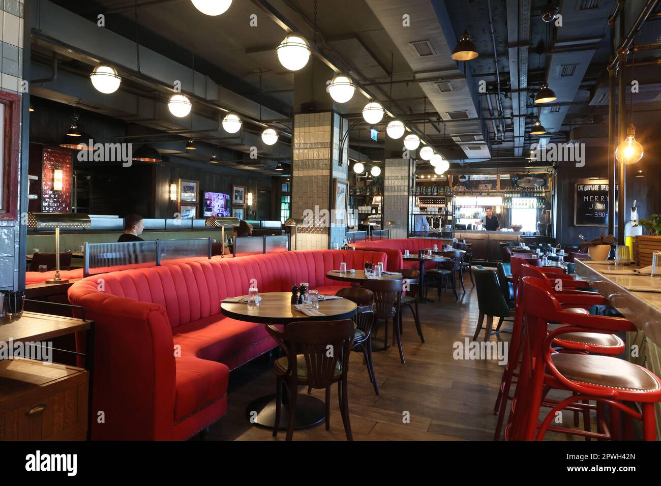 April 24. 2023. Russia. Moscow. The dining room of Matteo's restaurant ...